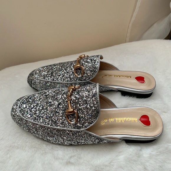Shoes | Nwt Glitter Mule Flat Gold Hardware Sz 37 | Poshmark